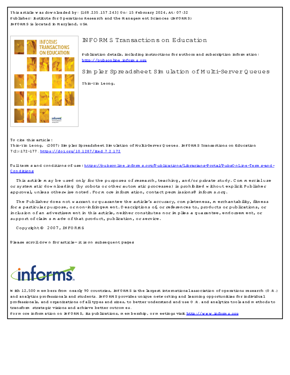Leong 2007 simpler spreadsheet simulation of multi server queues - This article was downloaded ...