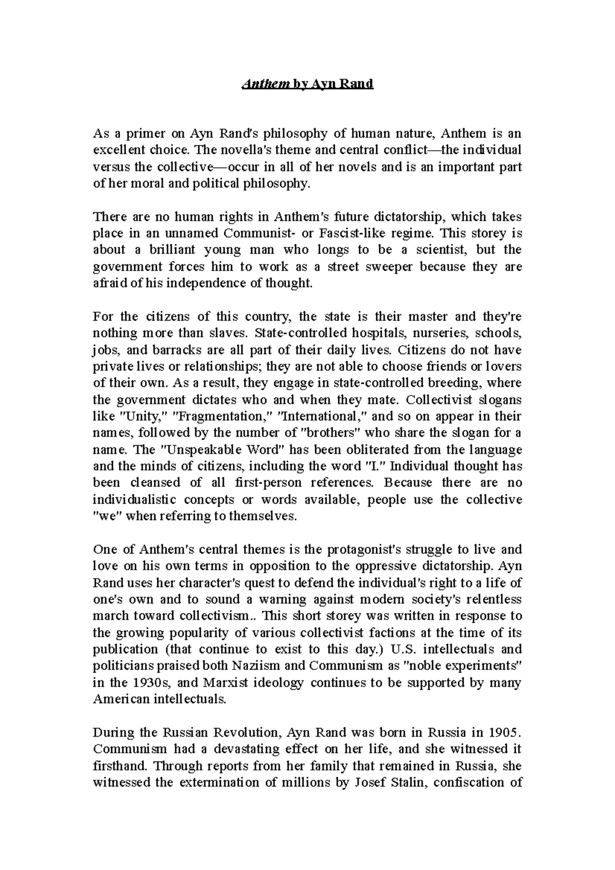Anthem by Ayn Rand - Lecture notes 9 - American Literature - AMU - Studocu