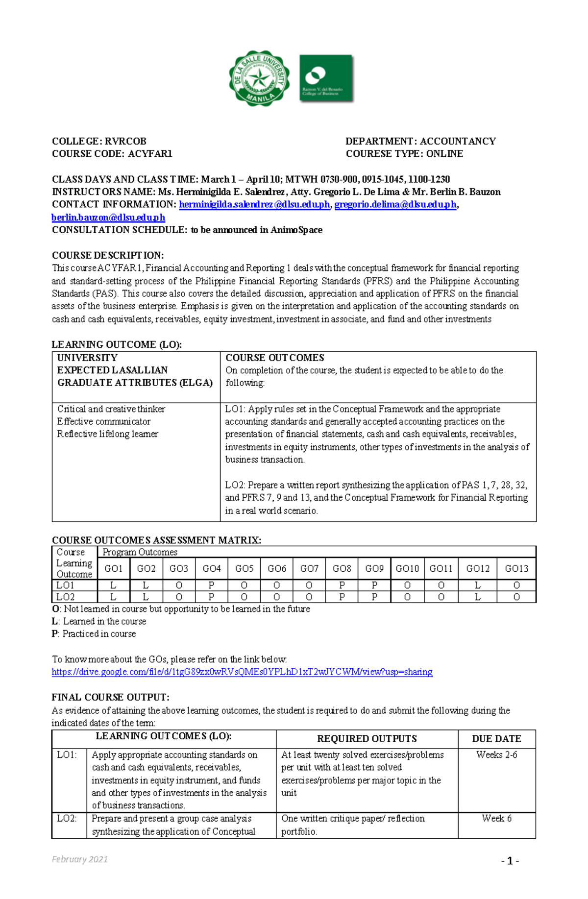 Acyfar 1 Term 2 AY 2020 2021 Syllabus - COLLEGE: RVRCOB DEPARTMENT: ACCOUNTANCY COURSE CODE ...