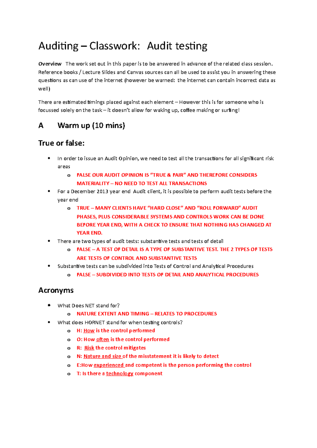 Exam 1 January, answers - Auditing – Classwork: Audit testing Overview ...