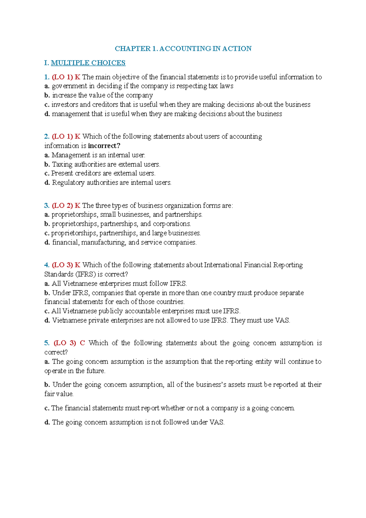 Multiple choices and exercises chapter 1 - CHAPTER 1. ACCOUNTING IN ACTION I. MULTIPLE CHOICES ...