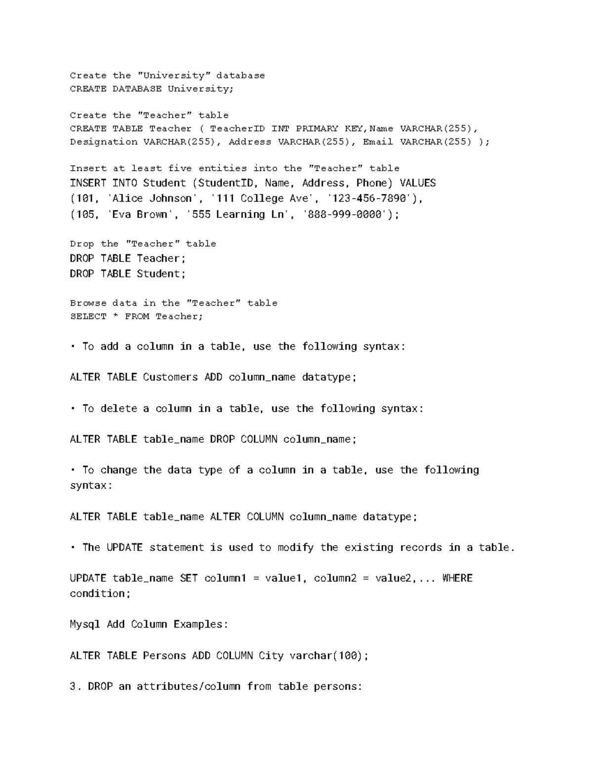 CSE 210 Lab final some SQL - Create the "University" database CREATE ...