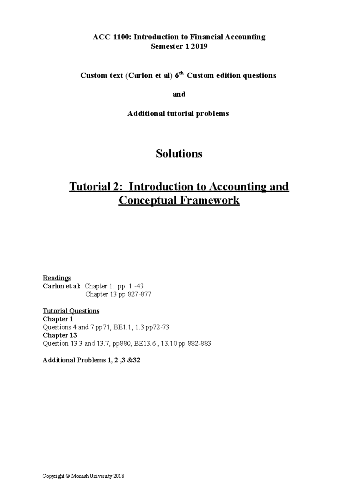 Tutorial 2 ACC ACF1100 S1 2019 - ACC 1100: Introduction to Financial ...