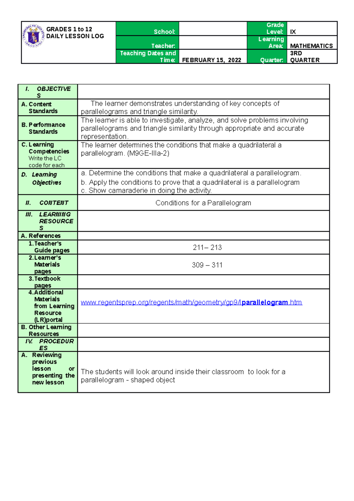 G9 q3 day3 - Math 9 activities - GRADES 1 to 12 DAILY LESSON LOG School ...