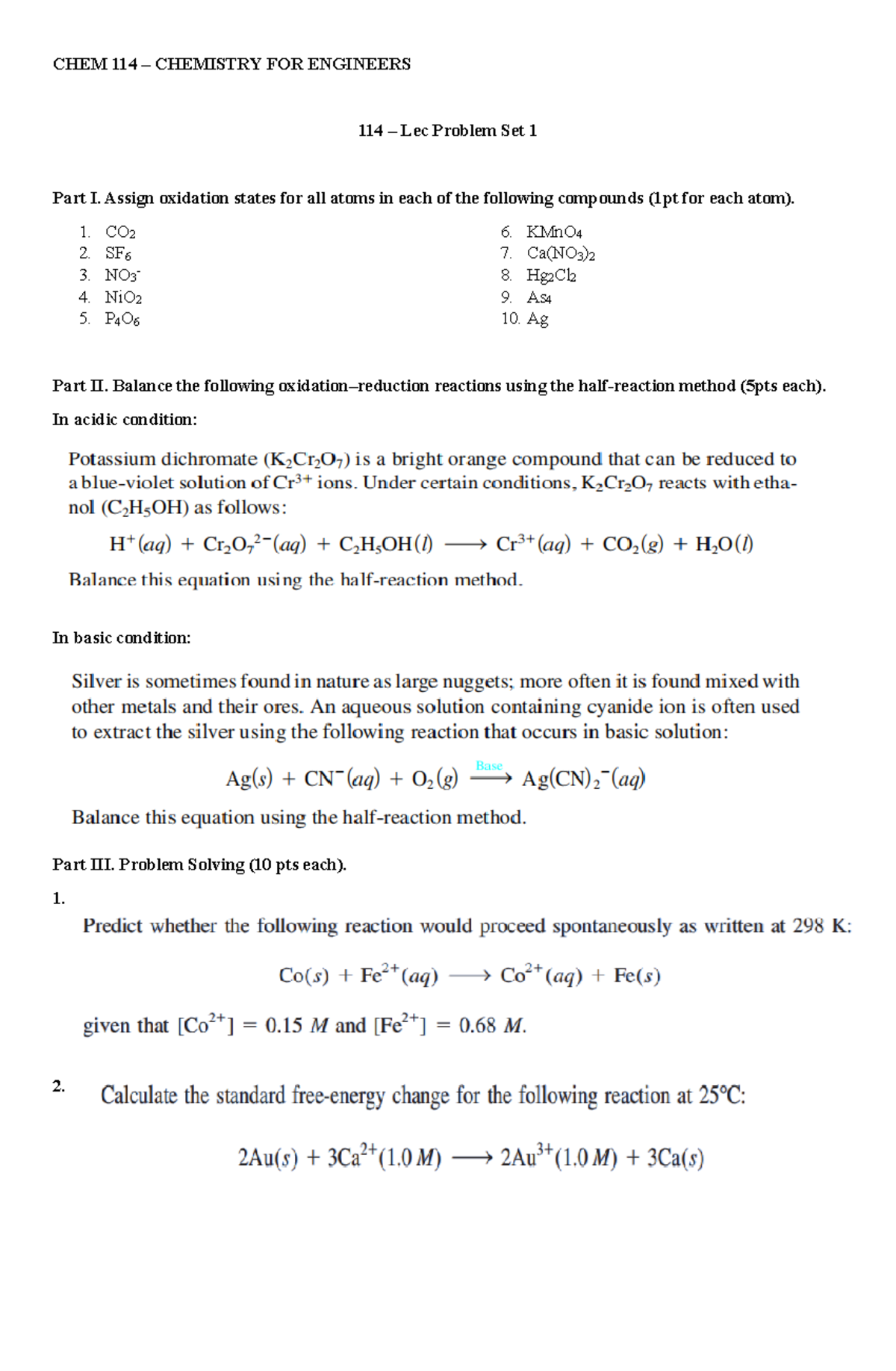 Chem 114 Lec - Problem Set 1 - Chemistry for Engineering - CHEM 114 ...