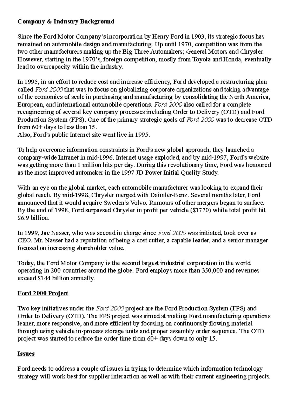 Ford case analysis supply chain management - Company & Industry ...