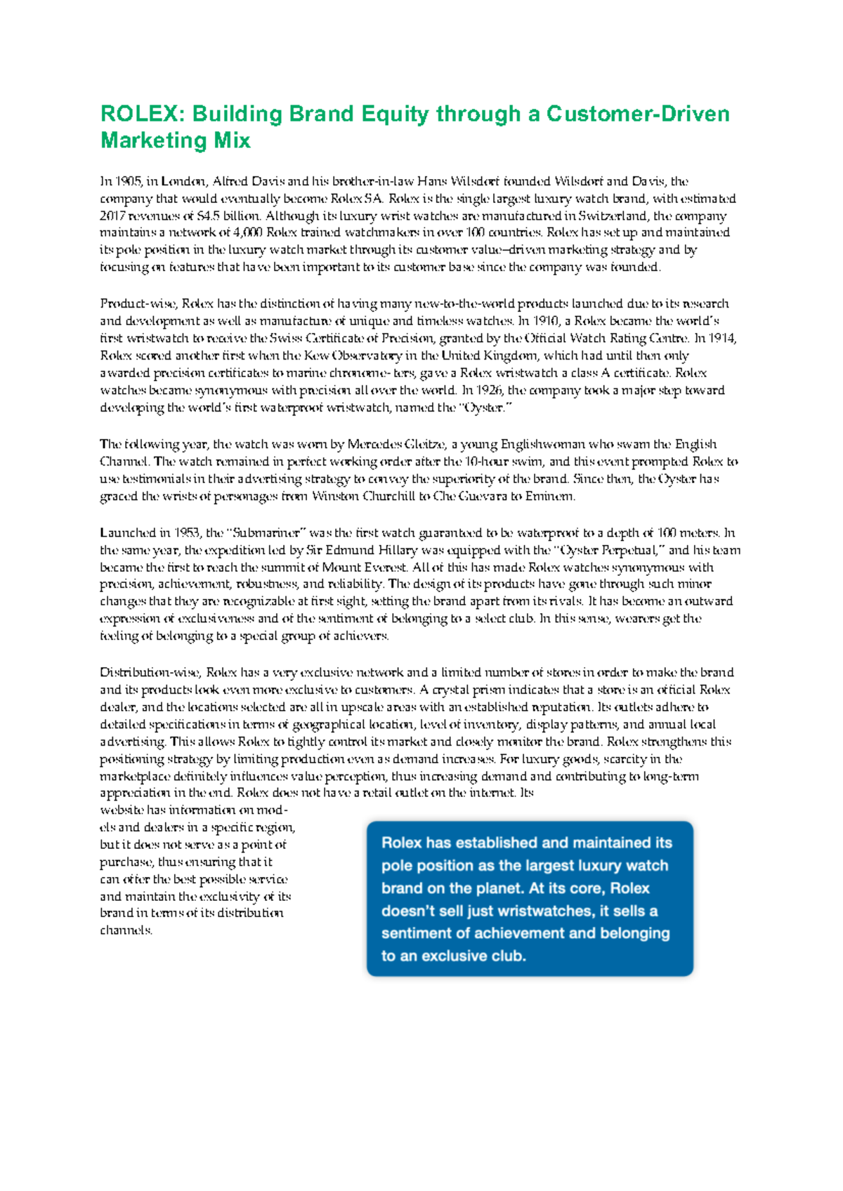 Ch.2 Opening Case- Rolex - ROLEX: Building Brand Equity through a ...