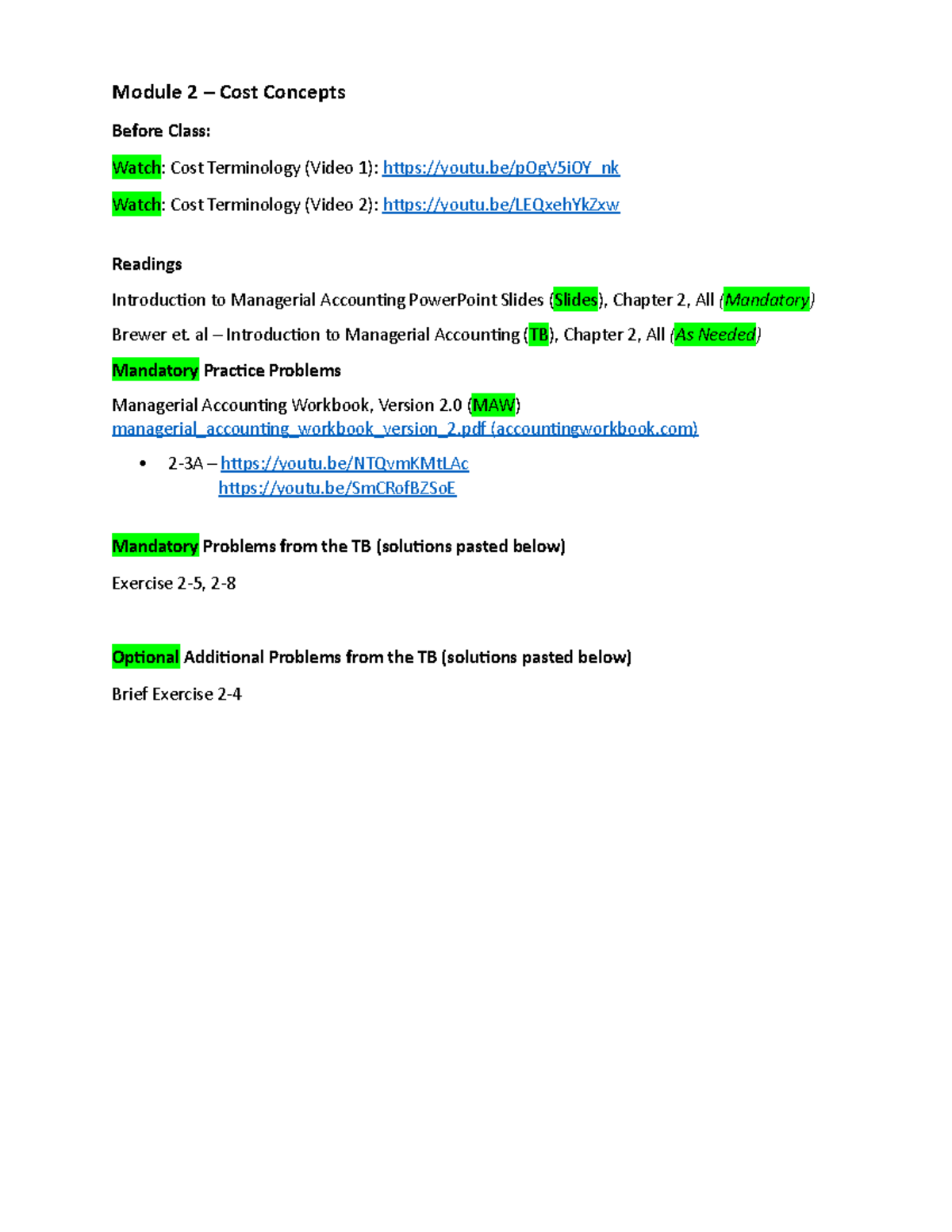 Chapter 2 Work Plan - Module 2 – Cost Concepts Before Class: Watch: Cost Terminology (Video 1 ...