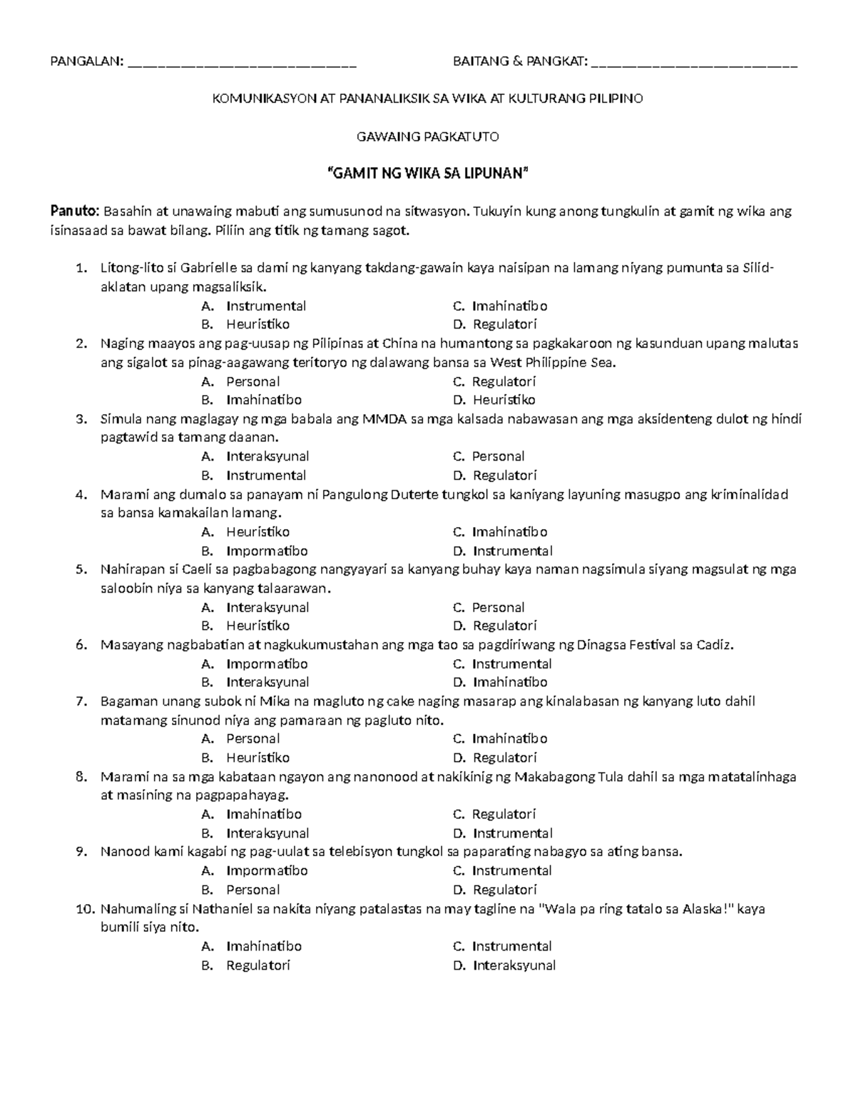 Gawain SA Pagkatuto - Gamit NG WIKA SA Lipunan - PANGALAN