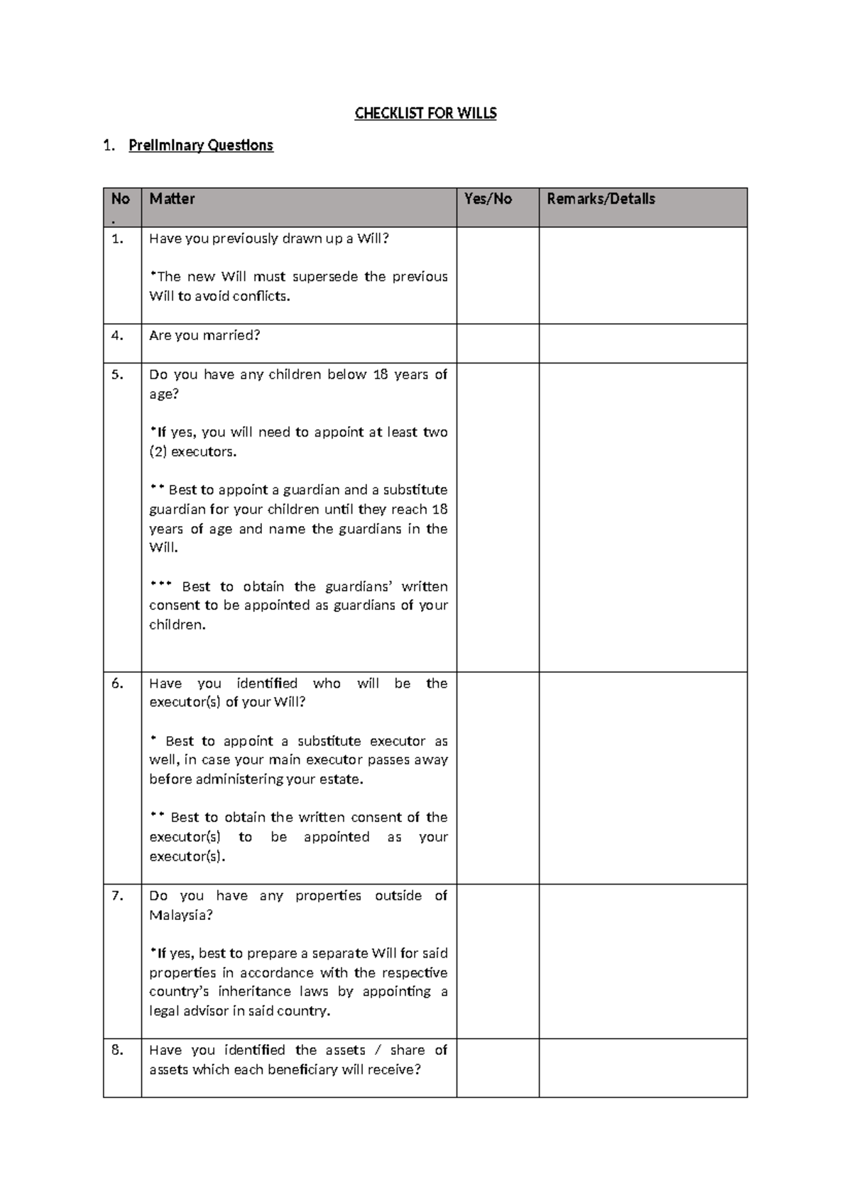 Wills Checklist - CHECKLIST FOR WILLS Preliminary Questions No . Matter ...