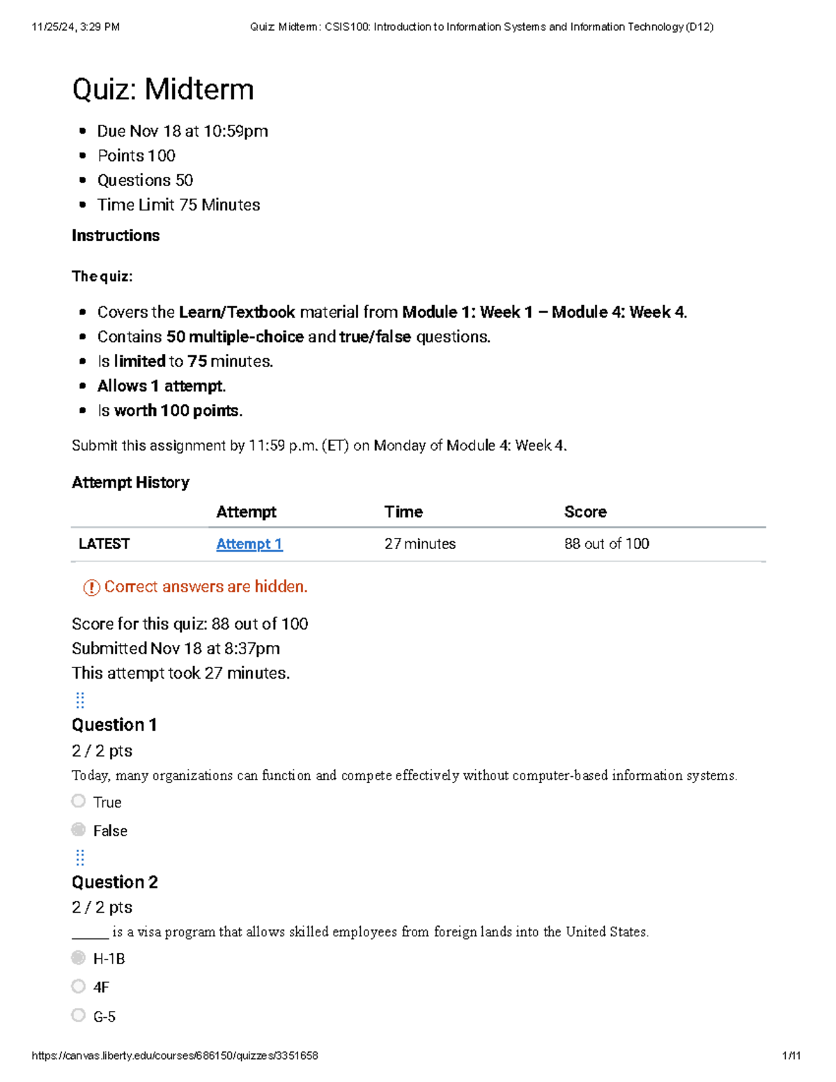 Quiz Midterm CSIS100 Introduction to Information Systems and Information Technology (D12) - Quiz ...