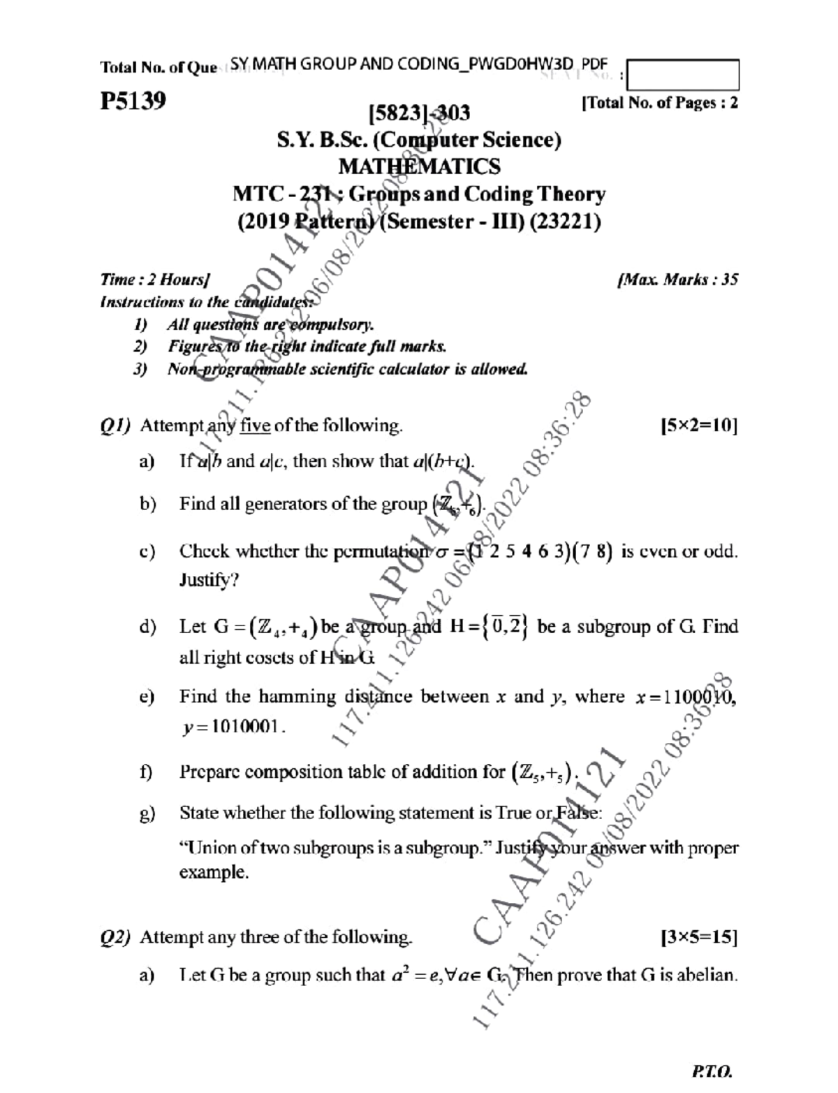Group And Coding Question paper - Total No, of Oue SY MATH GROUP AND ...