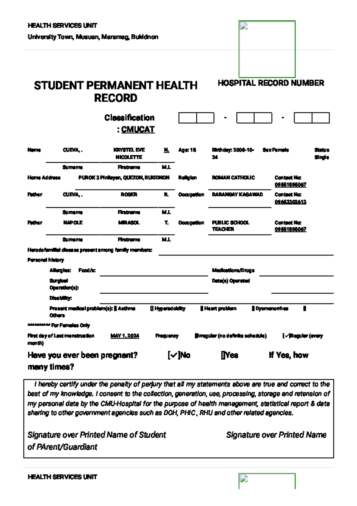 Dental and Medical Record - STUDENT PERMANENT HEALTH RECORD HOSPITAL ...