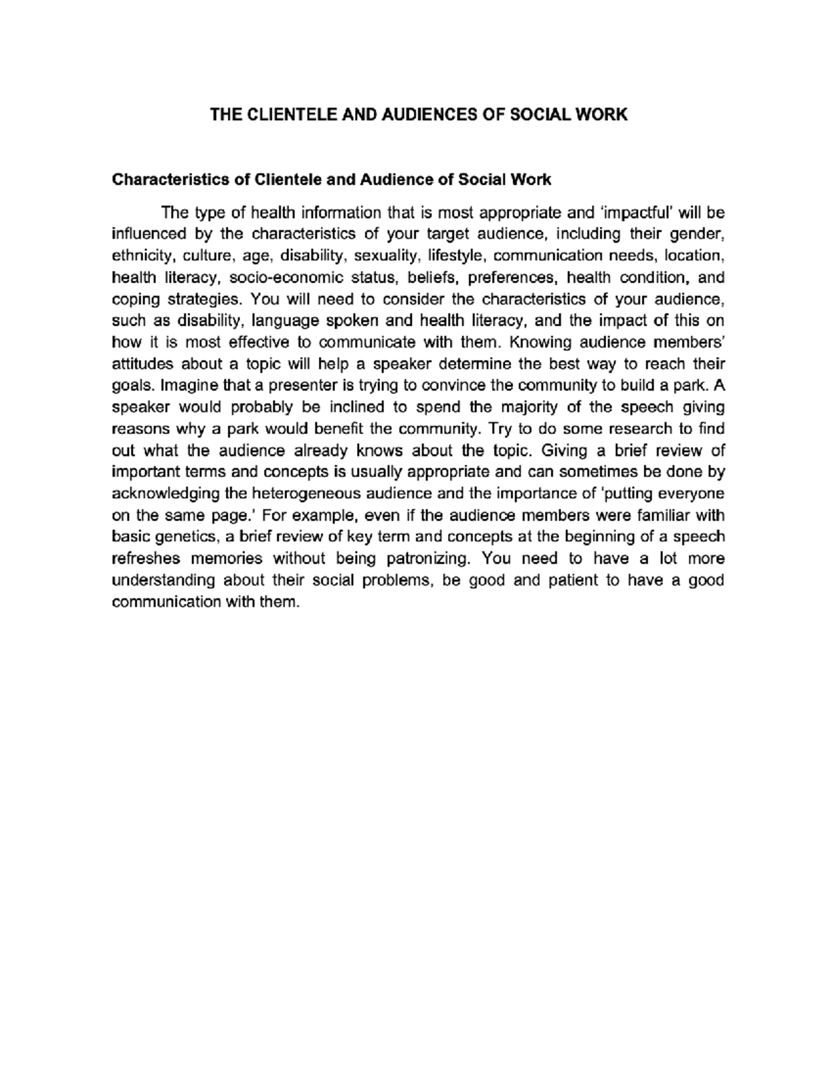 Clientele AND Audiences OF Social Worker - Science II - Studocu