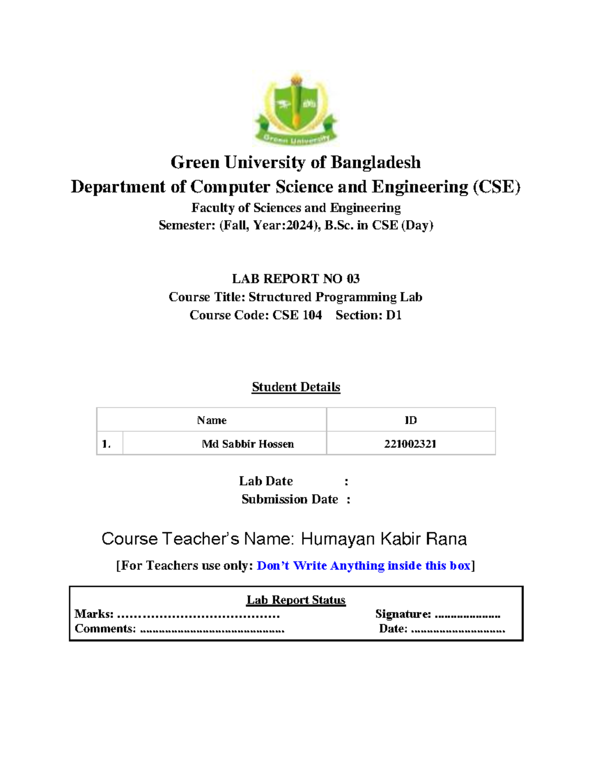 605348653-Lab-Report-Template-1-1 - Green University of Bangladesh ...