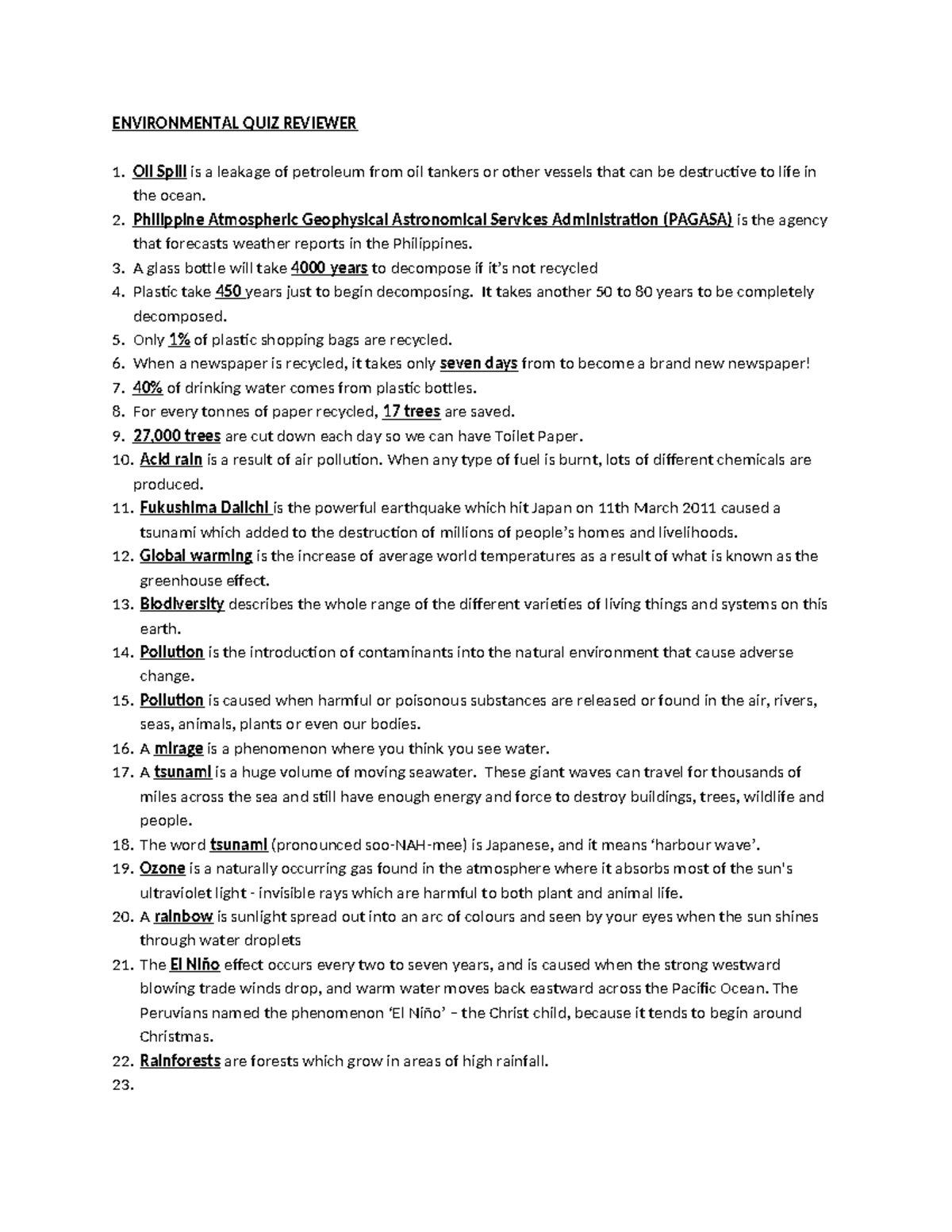 279673510 Environmental QUIZ Reviewer 2 doc - ENVIRONMENTAL QUIZ REVIEWER Oil Spill is a leakage ...