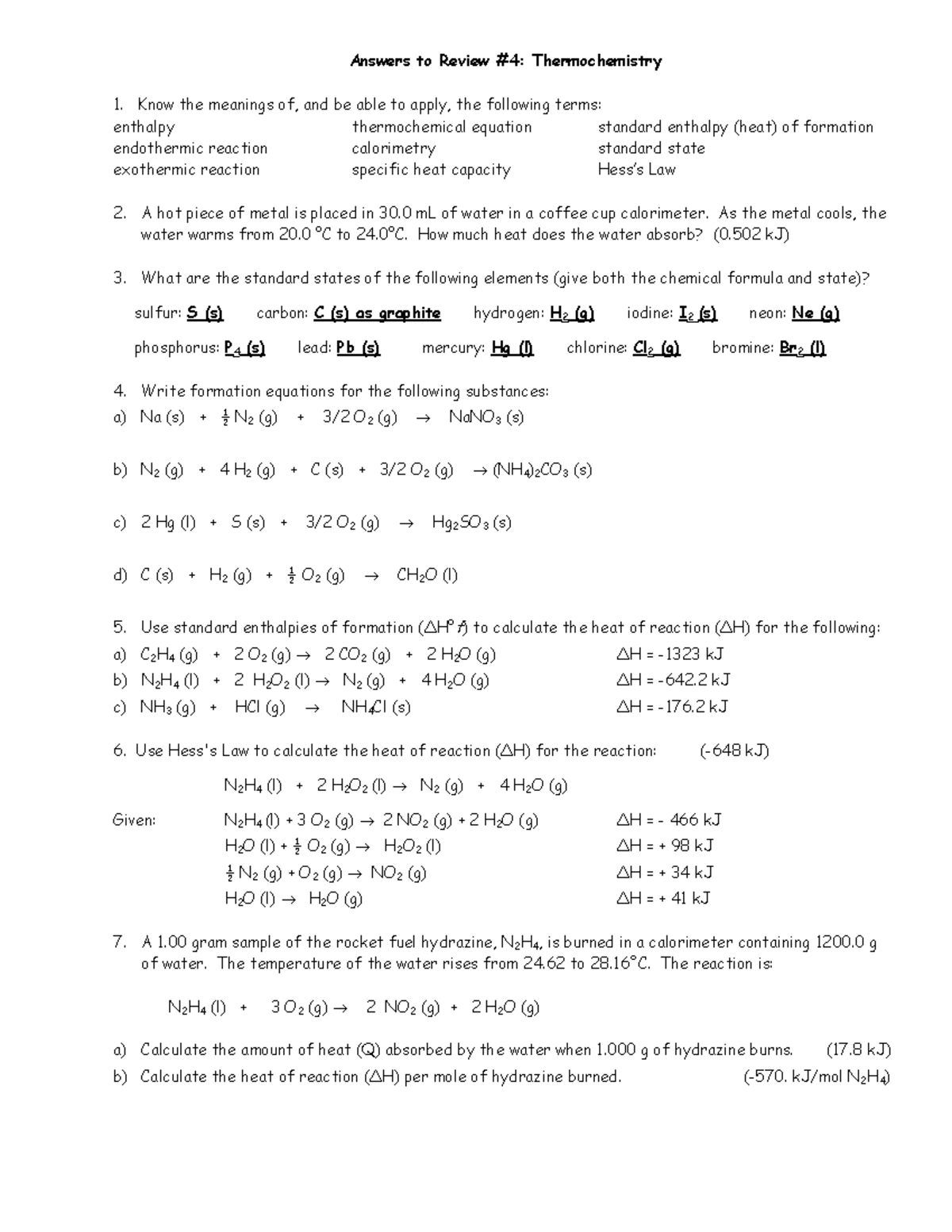 Answers 1 Thermochemistry standard elemental and enthalpy changes of ...