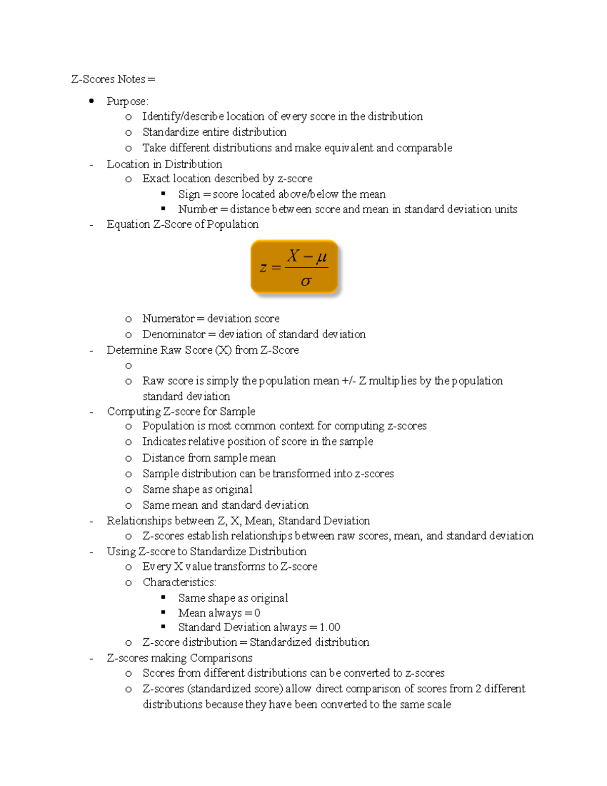 ZScore Notes - o Z-score distribution = Standardized distribution Z ...