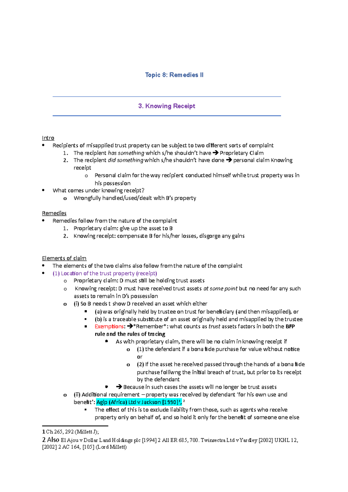 Topic 8 - Remedies II Lecture + Reading Notes - Topic 8: Remedies II 3 ...