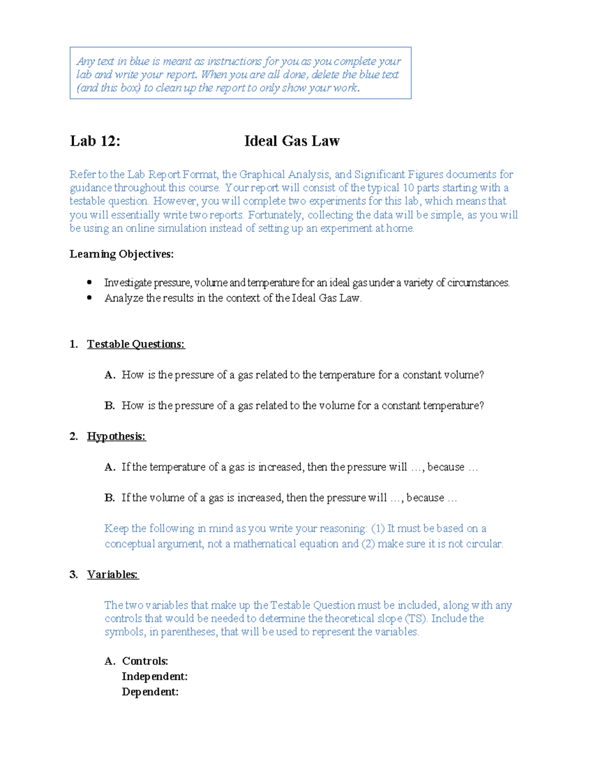 PHY-111L Lab 12 Ideal Gas Law (remote) - Lab 12: Ideal Gas Law Refer to ...