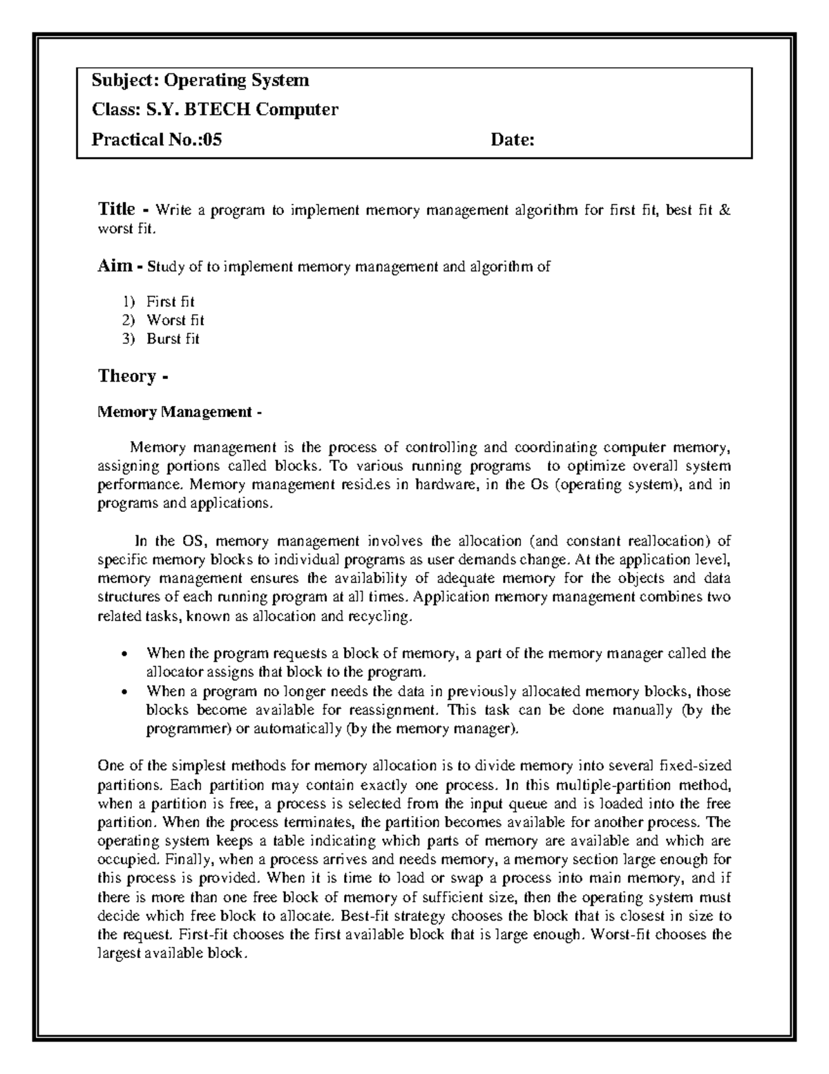 05 Memory Management - Practical of toc - Subject: Operating System Class: S. BTECH Computer ...