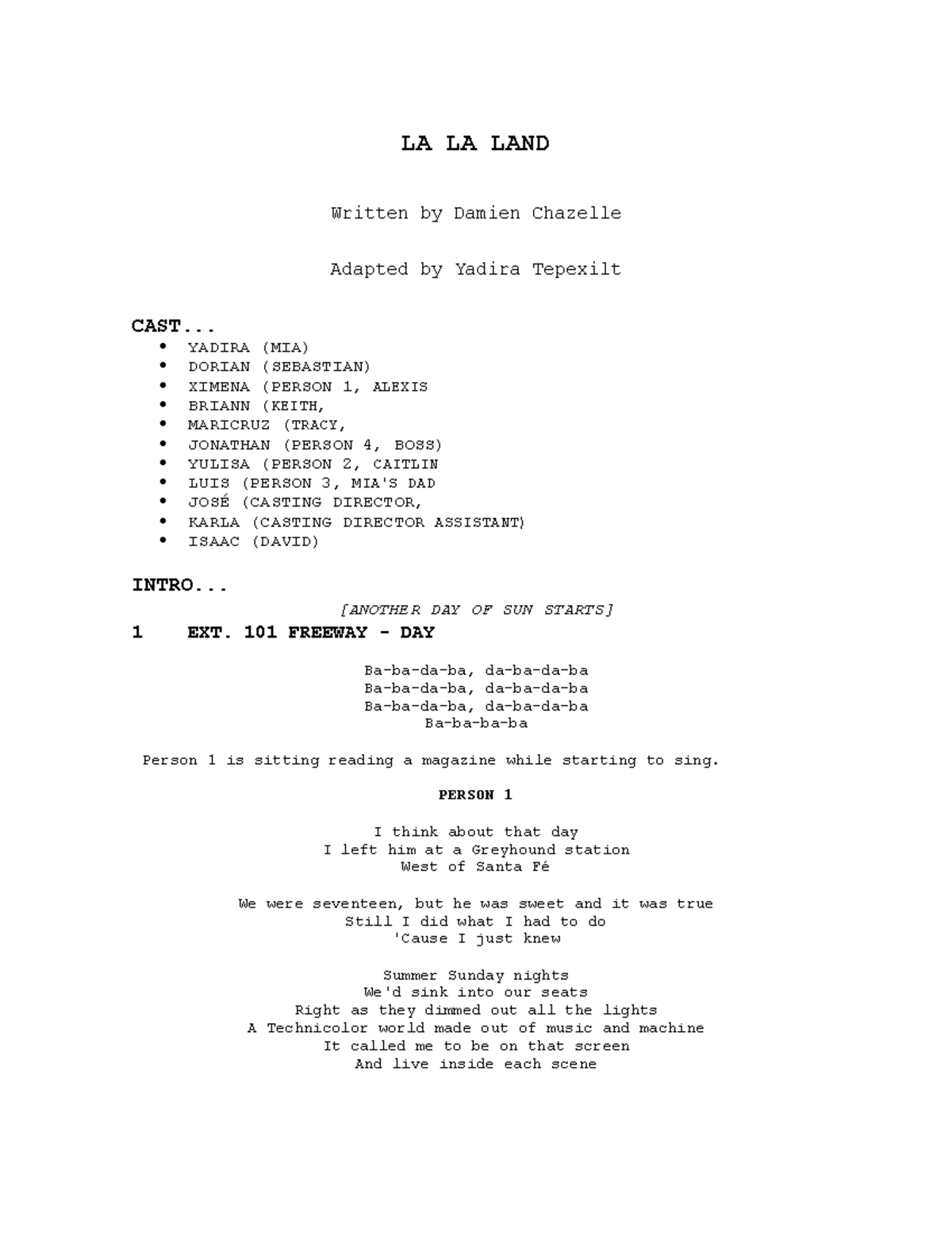 LA LA LAND - adaptation - expresión - LA LA LAND Written by Damien ...