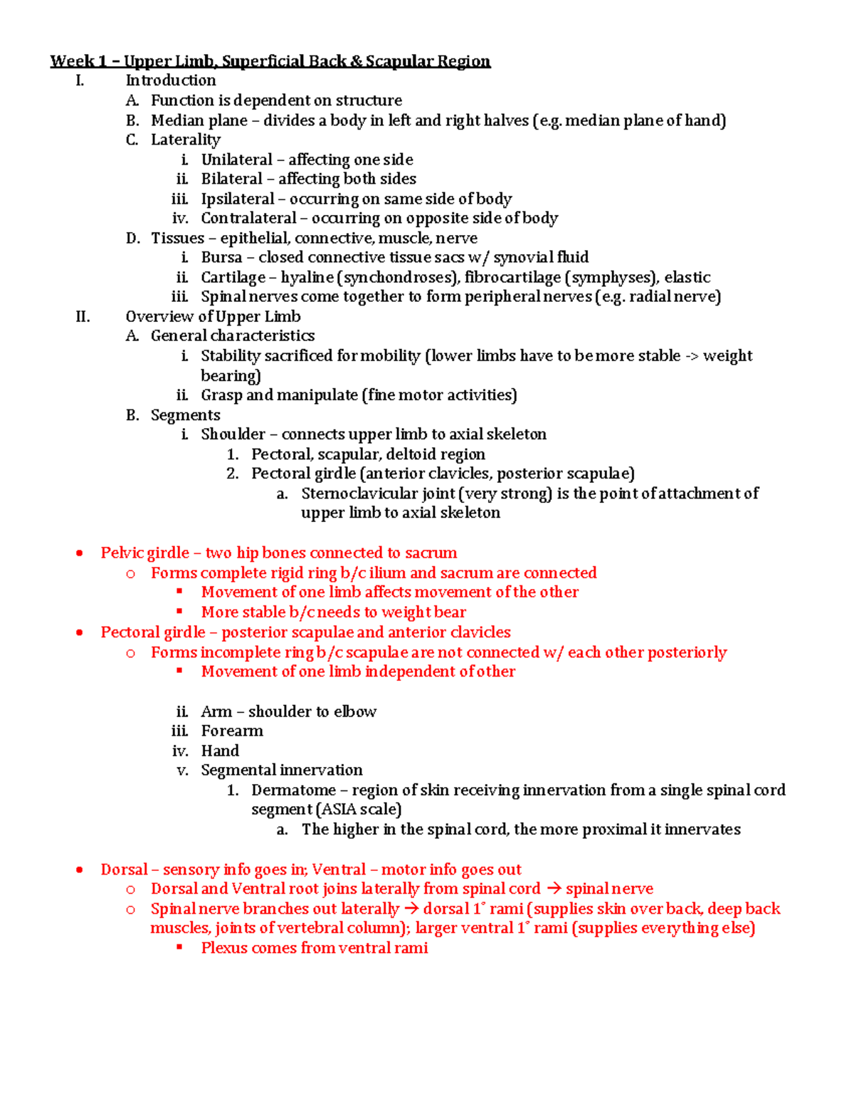Gross Anatomy - Lecture notes 1-28 - Week 1 – Upper Limb, Superficial ...