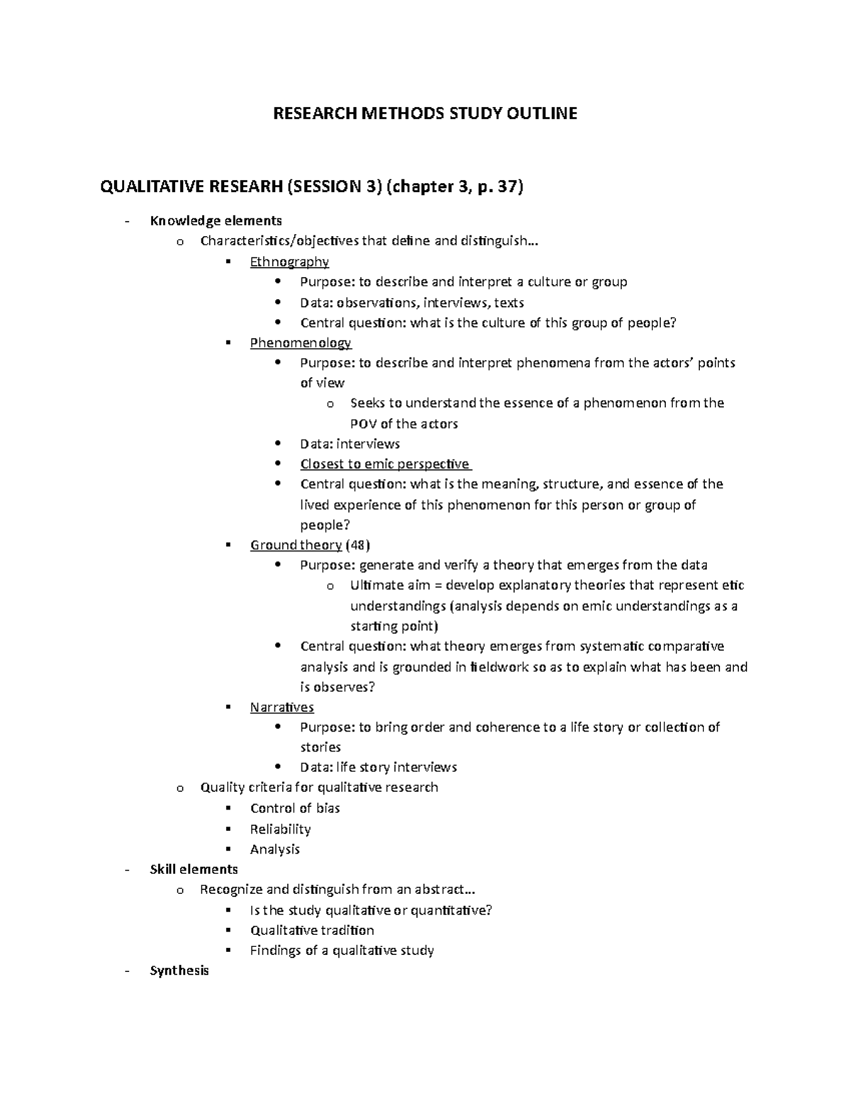 Research Methods Study Outline - RESEARCH METHODS STUDY OUTLINE ...