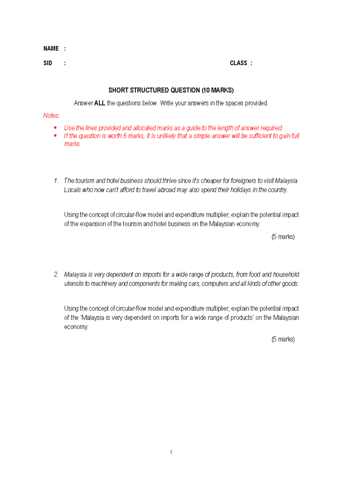 Tutorial 6 - Q - 1 NAME : SID : CLASS : SHORT STRUCTURED QUESTION ( 10 ...