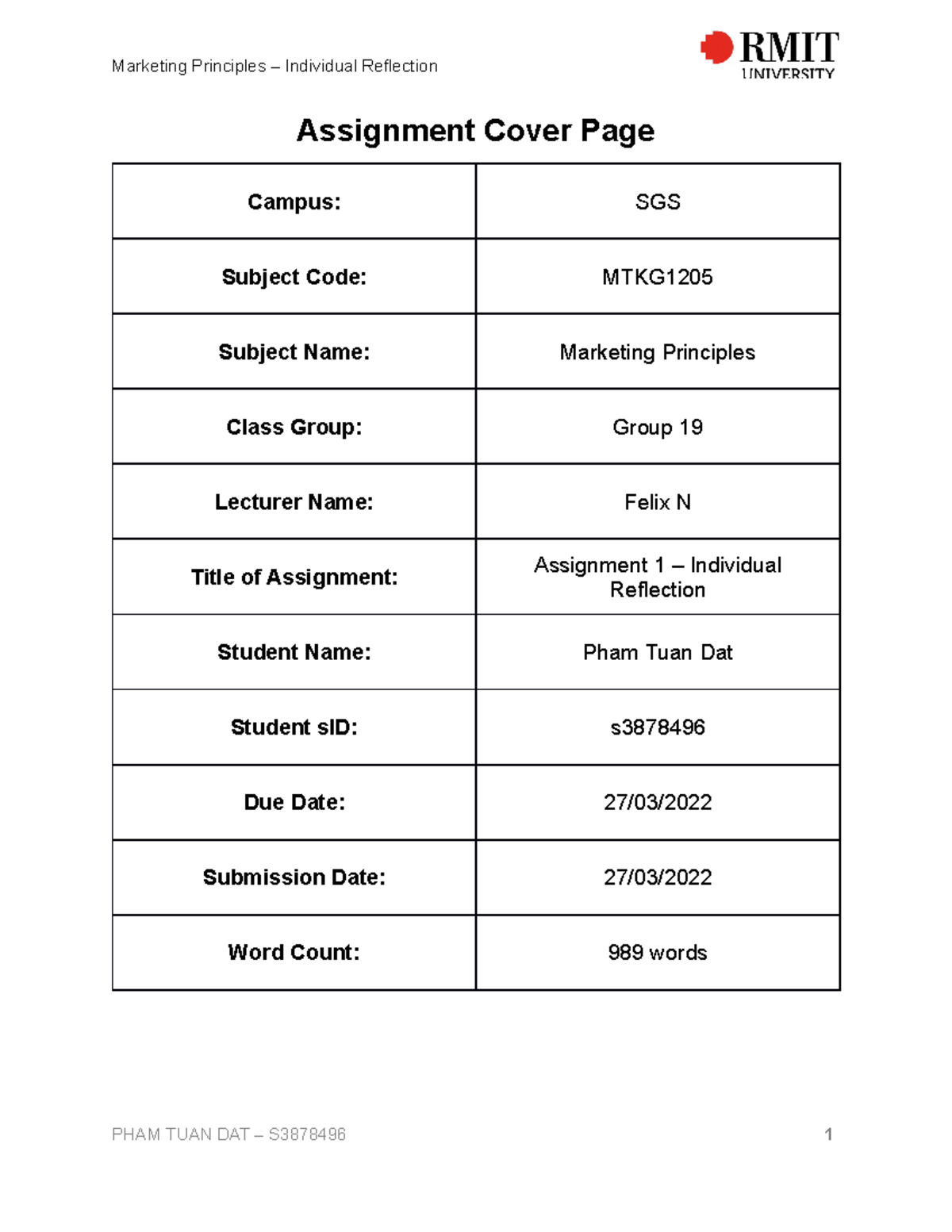 1st ASM - Reflection essay 2022 - Assignment Cover Page Campus: SGS ...