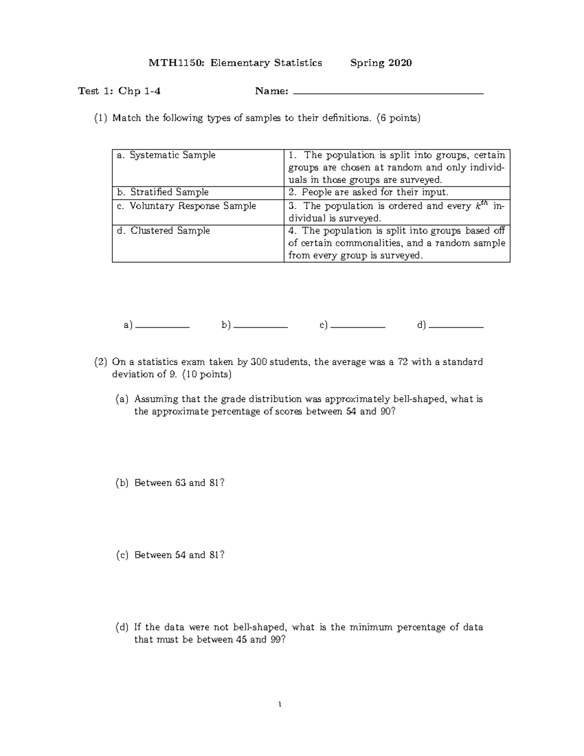 Test 1 Stats - Test 1 problems - MTH1150: Elementary Statistics Spring ...