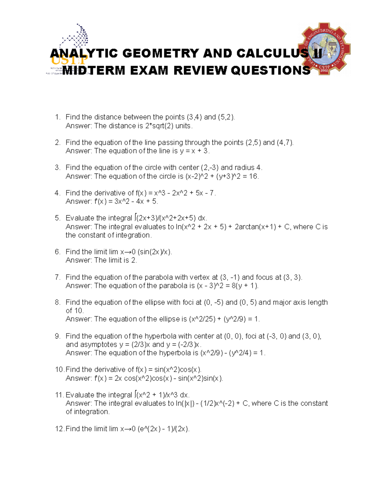 2. Analytic Geometry AND Calculus II - ANALYTIC GEOMETRY AND CALCULUS II MIDTERM EXAM REVIEW ...