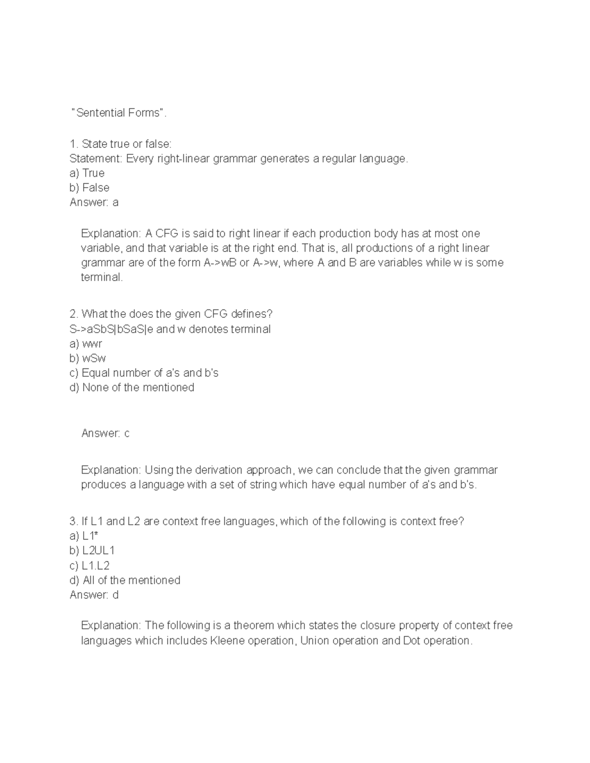 Theory of computation (35) - “Sentential Forms”. State true or false ...
