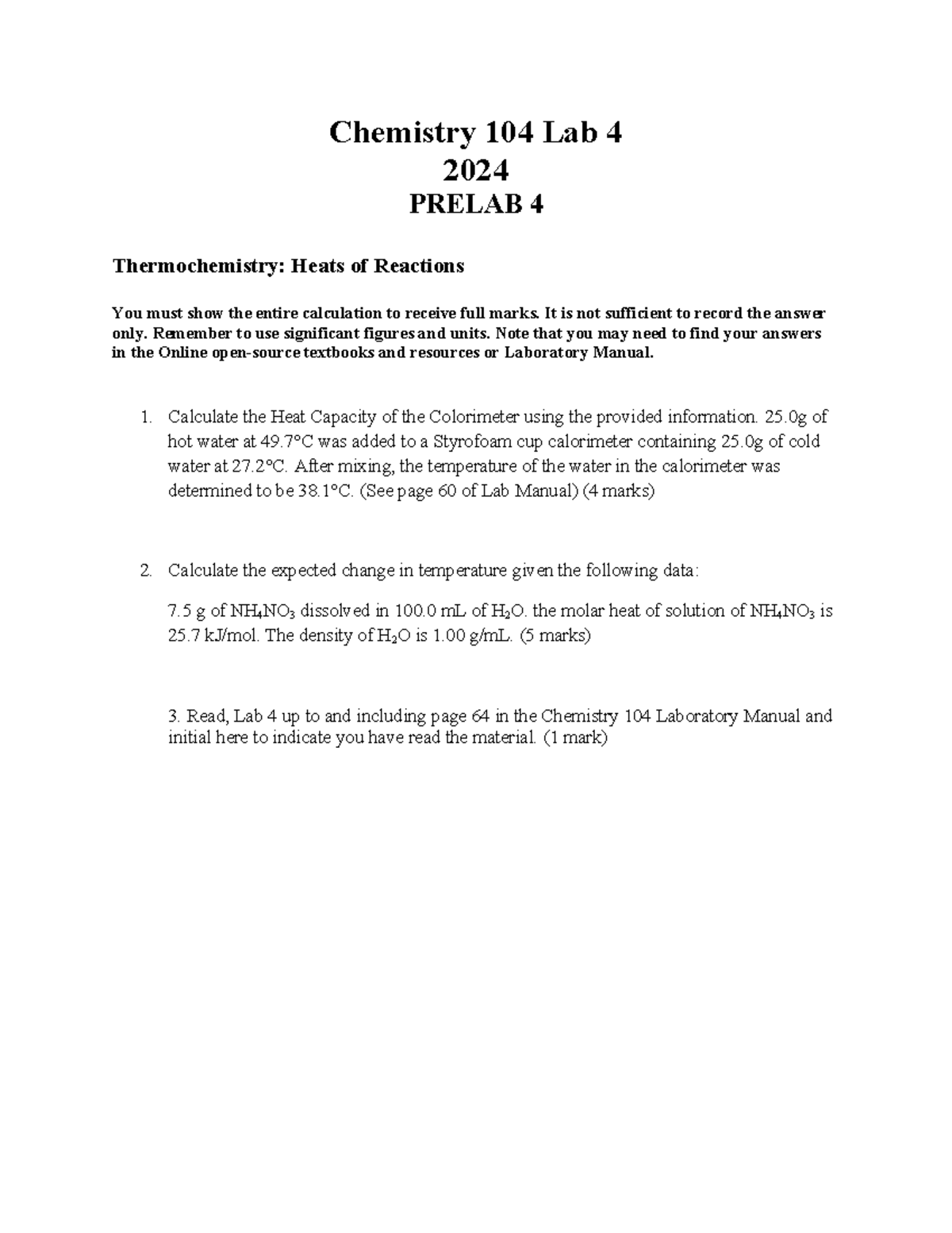Chemistry 104 prelab 4 2024 - Chemistry 104 Lab 4 2024 PRELAB 4 Thermochemistry: Heats of ...