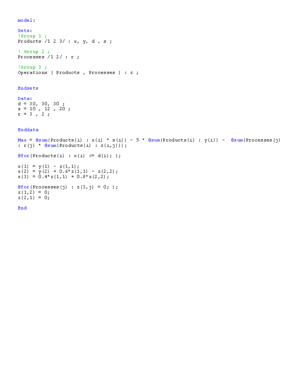 Assignment 4 code lingo 2024 - model: Sets: !Group 1 ; Products /1 2 3 ...