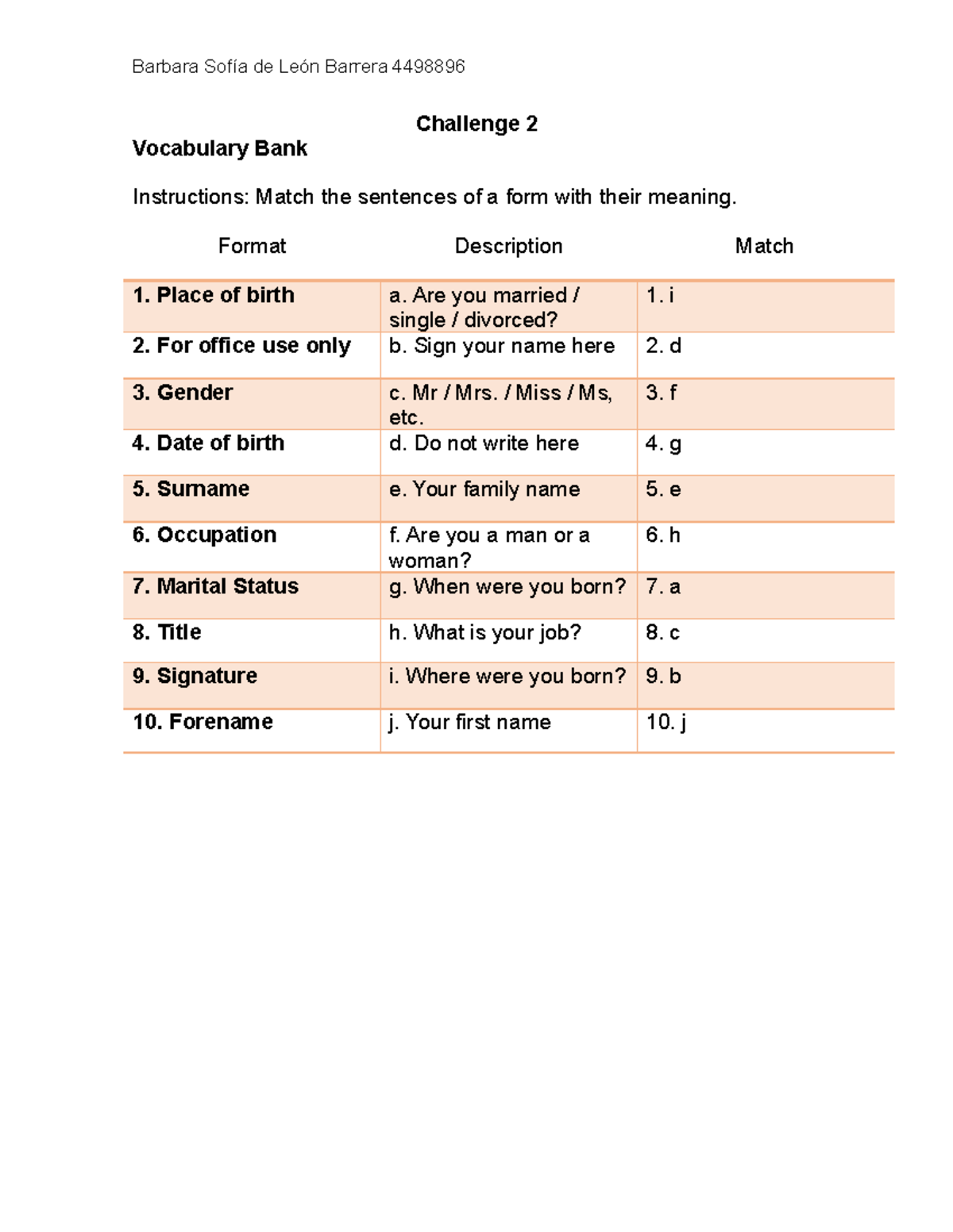 Challenge 2 - Vocabulary Bank Challenge 2 Instructions: Match the ...