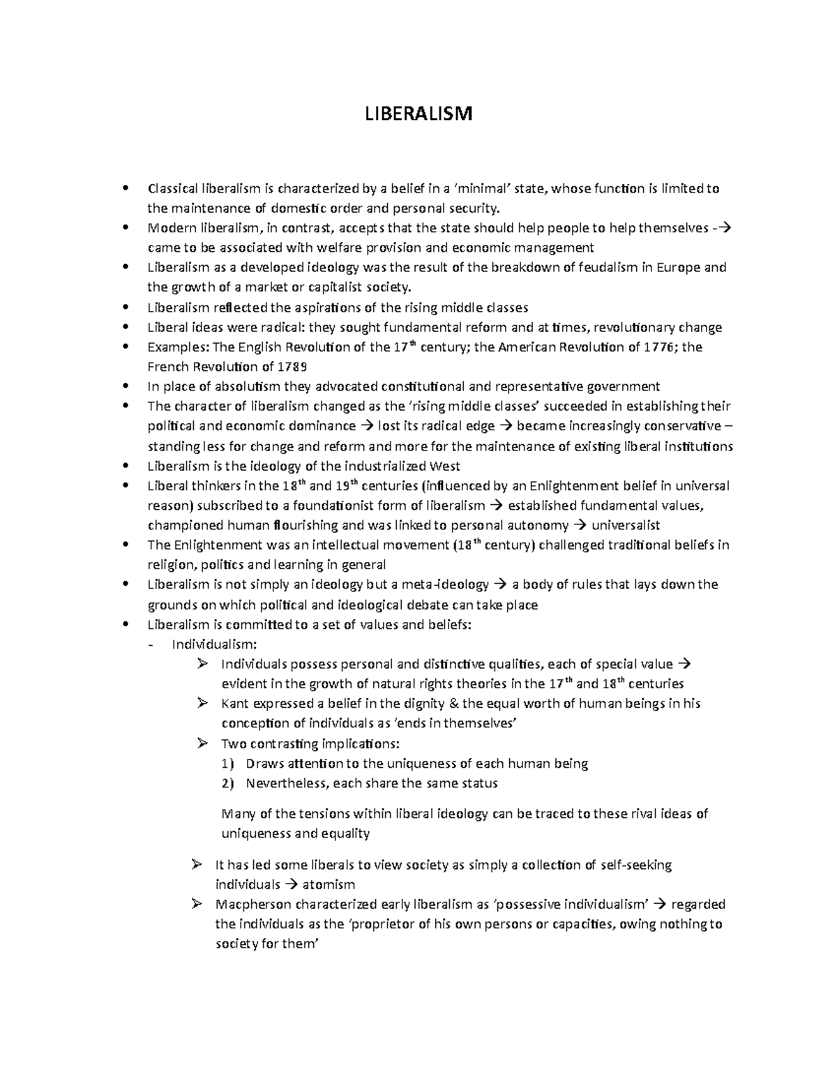 Liberalism - Lecture notes 5 - LIBERALISM Classical liberalism is ...