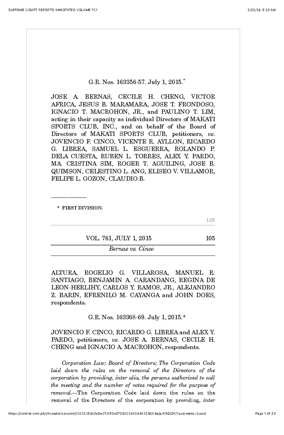 12. Bernas vs. Cinco, 761 SCRA 104, July 01, 2015 - G. Nos. 163356-57 ...