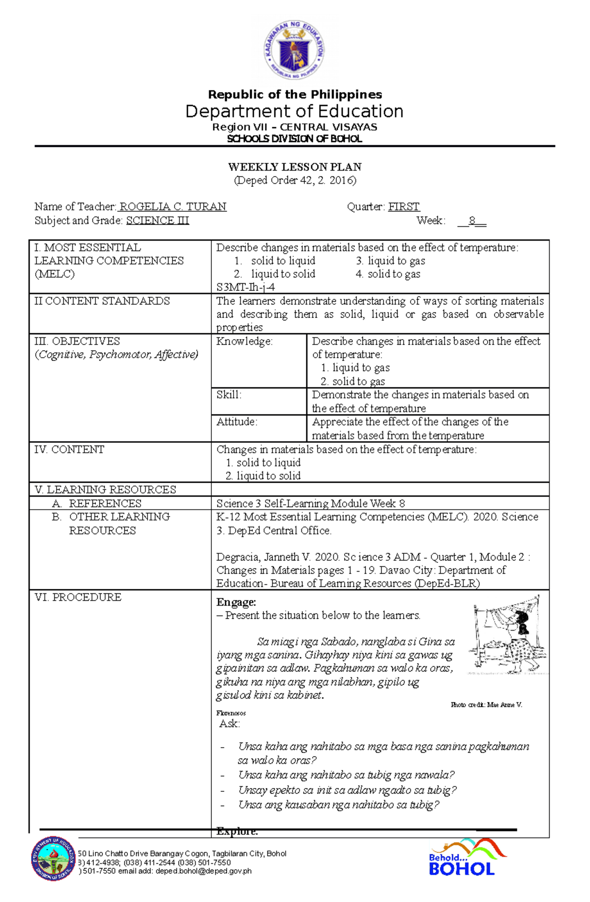 Science 3 Q1 Week 8 Wlp Answer Republic Of The Philippines