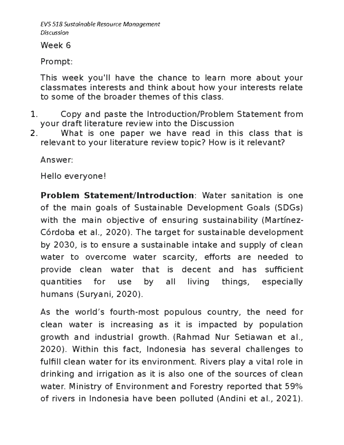EVS 518 Week 6 response 1 - EVS 518 Sustainable Resource Management ...