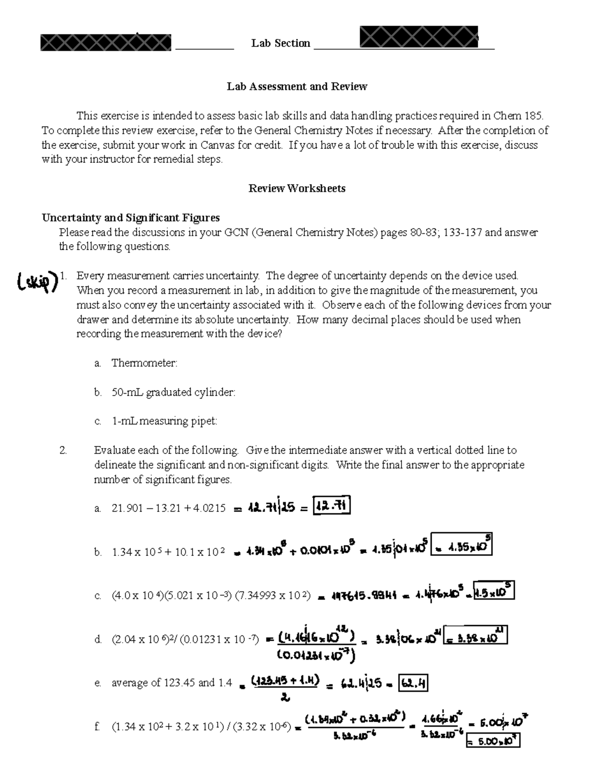 Lab Assessment Review - __________ Lab Section _______________________________ Lab Assessment ...
