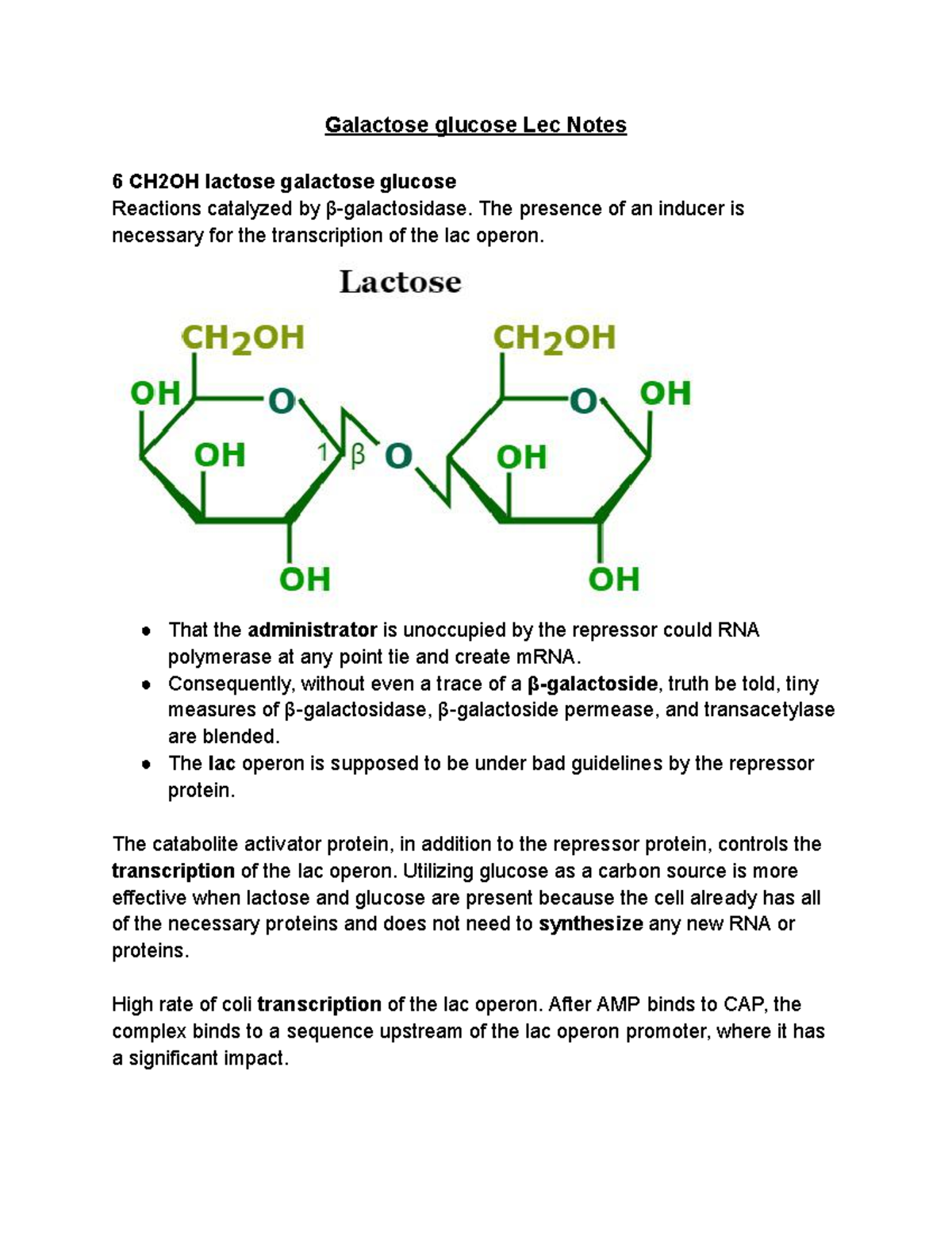 Galactose glucose Lec Notes - The presence of an inducer is necessary ...