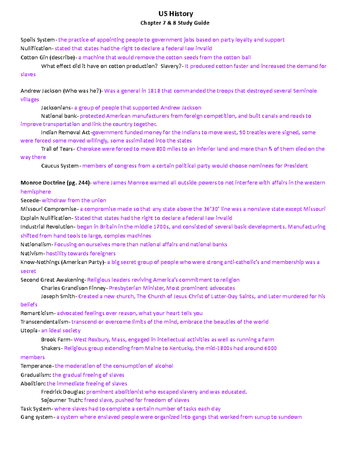 Chapter 7-8 study guide - US History Chapter 7 & 8 Study Guide Spoils ...