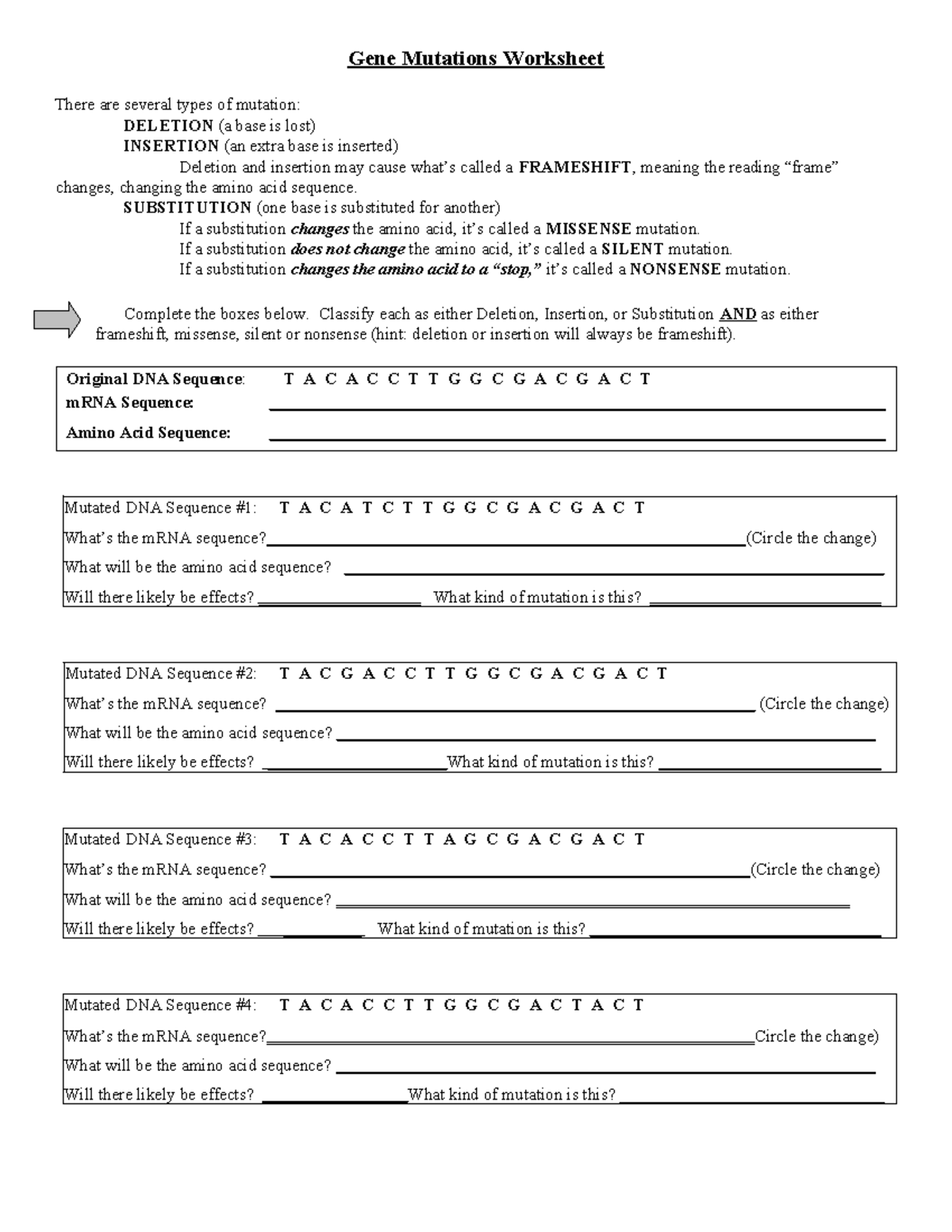Gene and Chromosome Mutations - Gene Mutations Worksheet There are ...