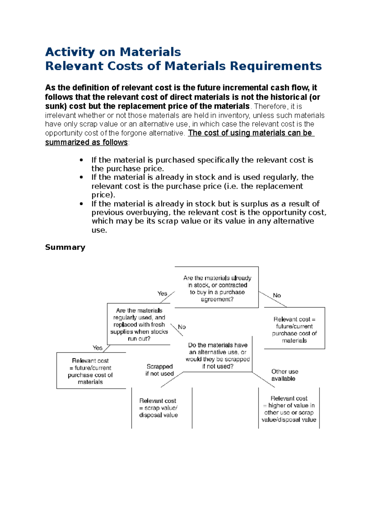 Notes and Activity on Materials - Activity on Materials Relevant Costs ...