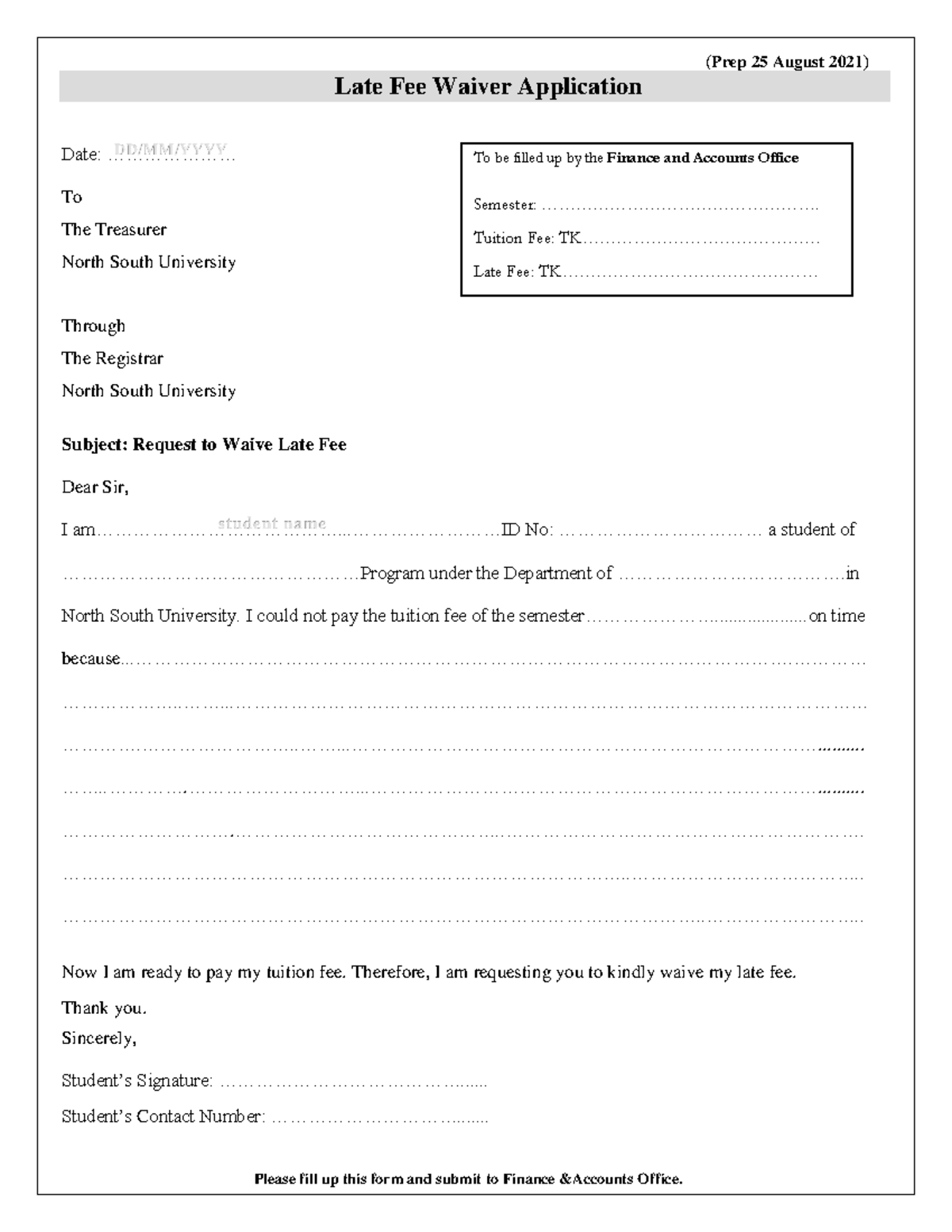 Late Fee Waiver Application - (Prep 25 August 2021) Late Fee Waiver ...