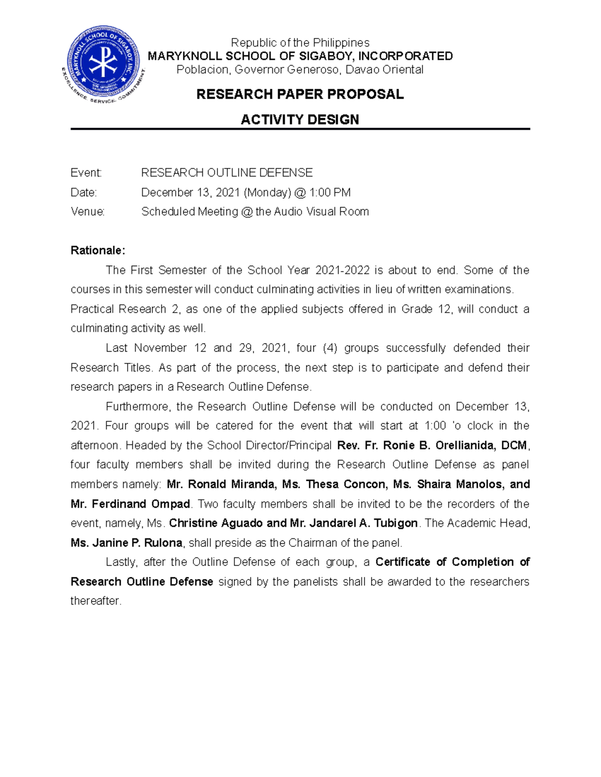 Act.Design Outline Defense - Republic of the Philippines MARYKNOLL ...