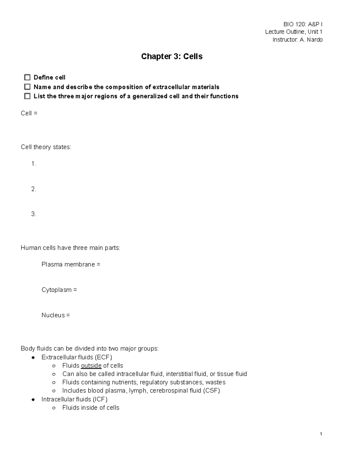 BIO 120, Unit 1, Ch 3 Lecture Outline (Student) - Google Docs ...