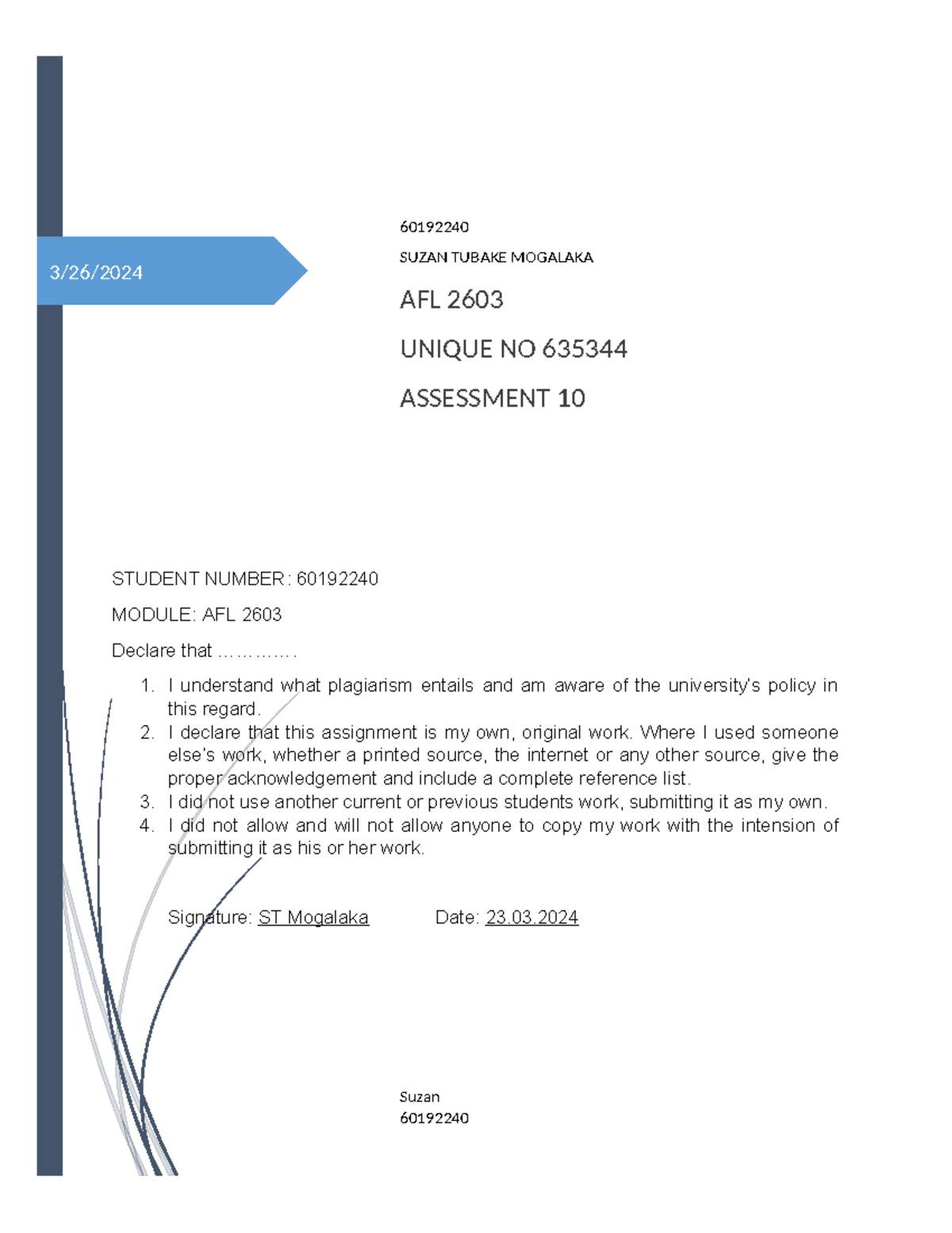 AFL 2603 60192240 - 3/26/ STUDENT NUMBER: 60192240 MODULE: AFL 2603 ...