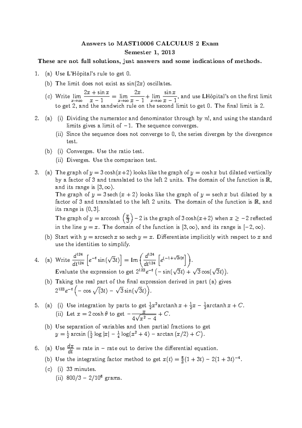 Exam Sem 1, 2013 Questions and answers.pdf - Answers to MAST10006 ...